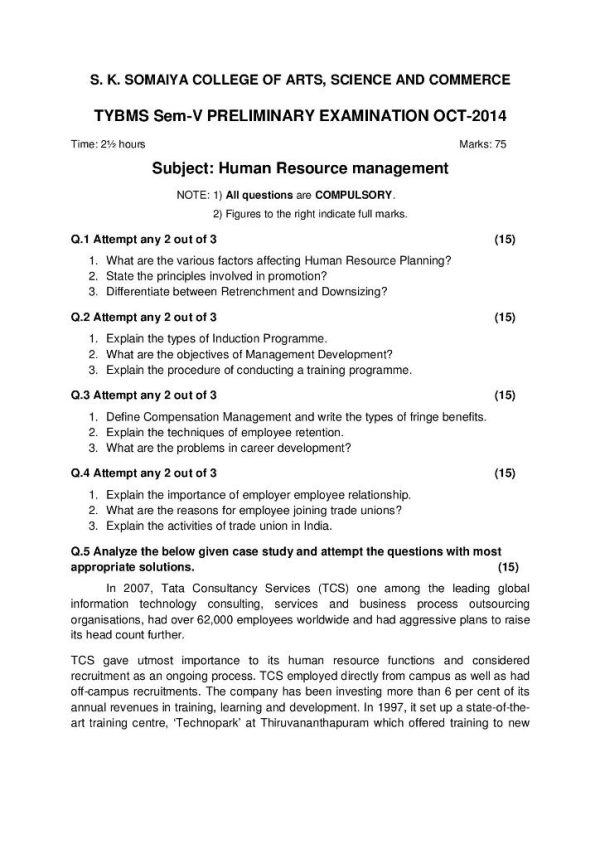 Human Resource Management Prelims Question Paper I 2014 – S.K. Somaiya ...