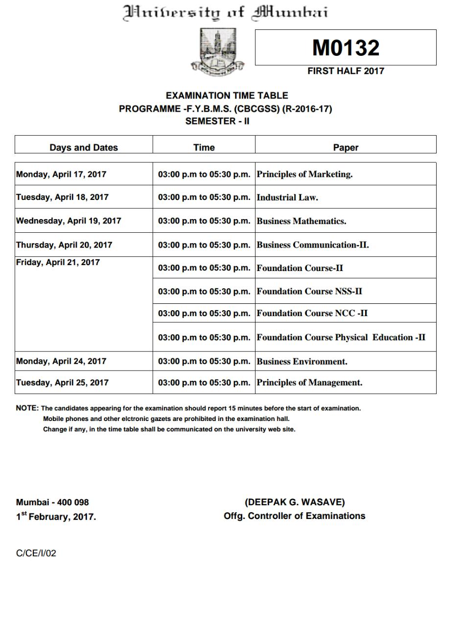 FYBMS SEMESTER II 2016 – 2017 Exam Time Table – BMS | Bachelor of ...